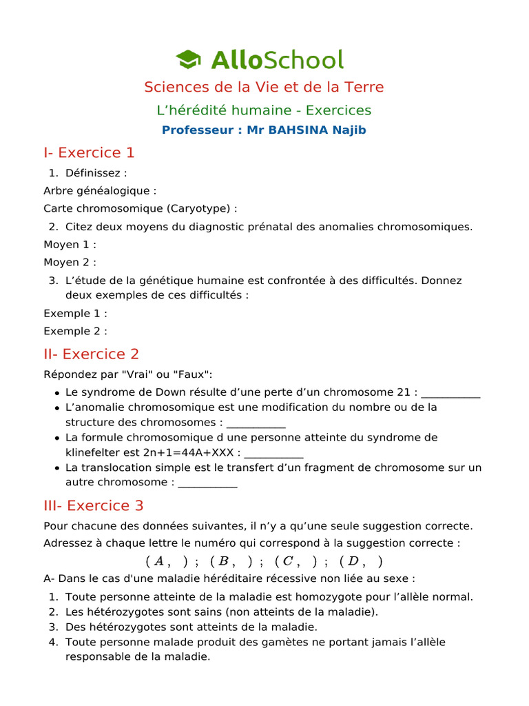 Hérédité humaine : Exercices et diagnostics | PDF | Dominance ...
