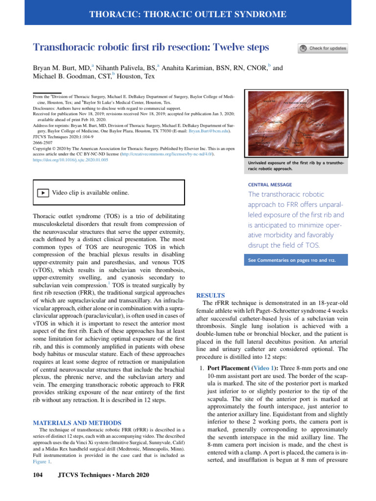 Transthoracic Robotic First Rib Resection 12 Steps | PDF | Thorax ...