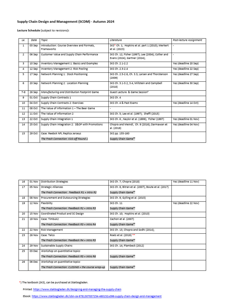 SC Design and Management Lecture Schedule Fall 2024 New | PDF ...
