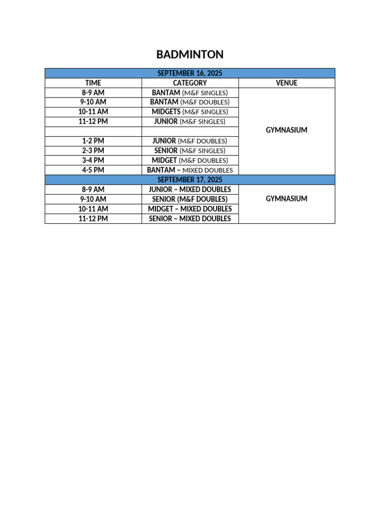 Badminton Schedule - Intrams | PDF