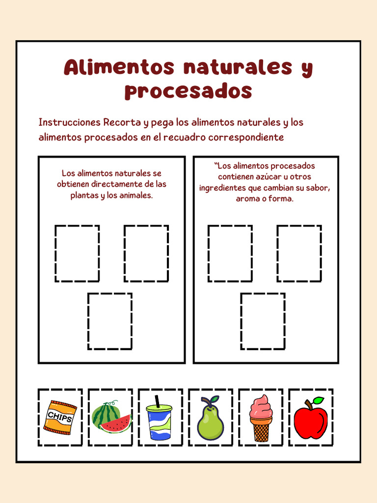Hoja de Trabajo Alimentos Naturales y Procesados Ilustrativo Melocotón ...