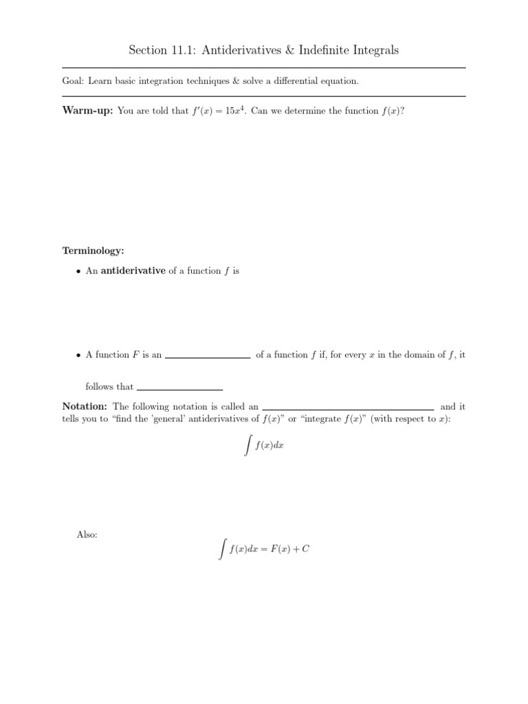 Section 11.1 - Antiderivatives & Indefinite Integrals | PDF | Integral ...