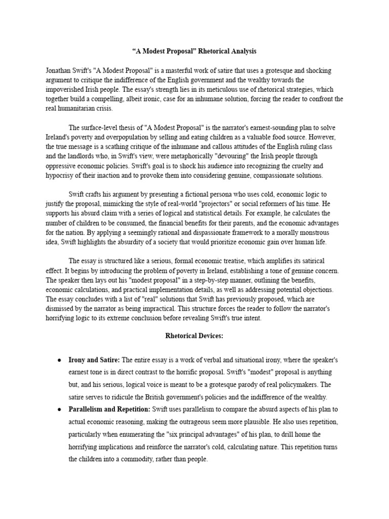 "A Modest Proposal" Rhetorical Analysis | PDF