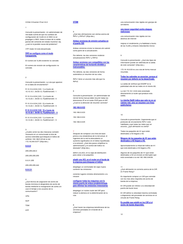 Ccna 3 Examen Final V4 Pdf Enrutador Computación Dirección Ip