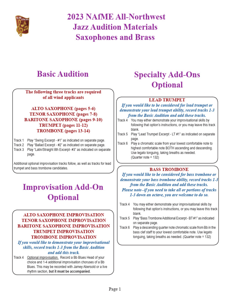 2023 NAfME All Northwest Jazz Instrumental Audition Materials | PDF ...