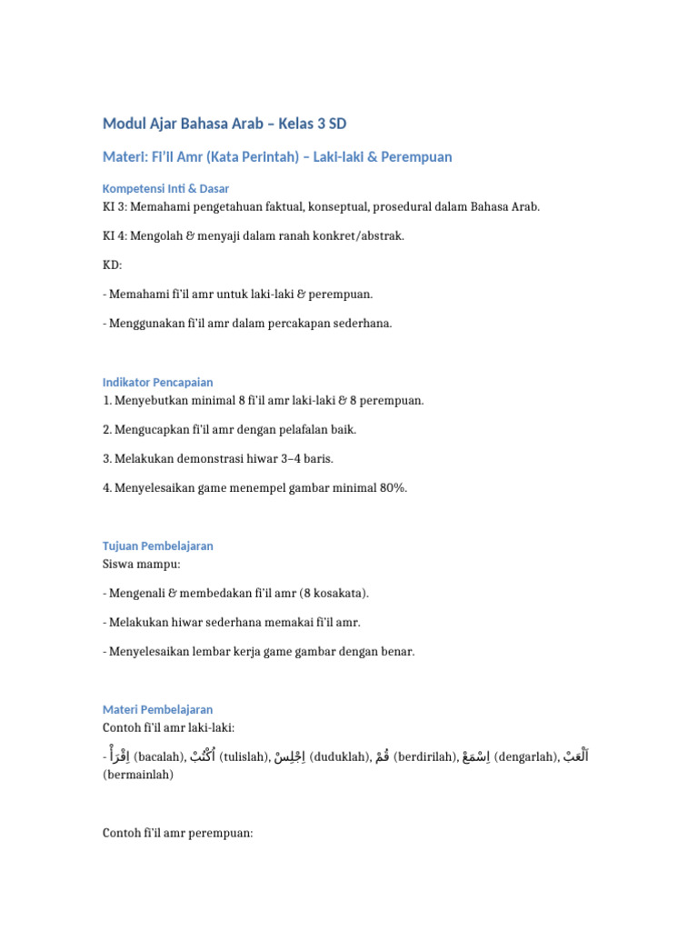 Modul Ajar Fi'il Amr Kelas 3 SD | PDF