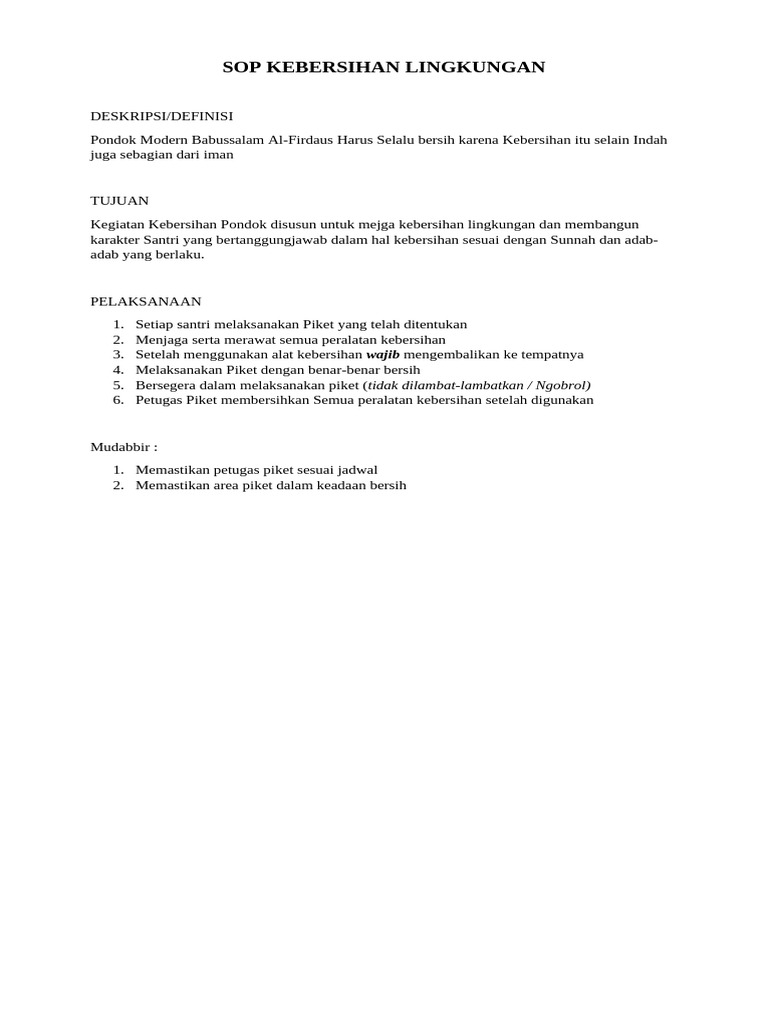 SOP Kebersihan dan Disiplin Santri | PDF