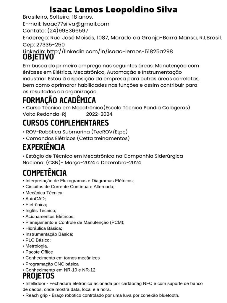 Currículo de Isaac Lemos Silva - Mecatrônica | PDF