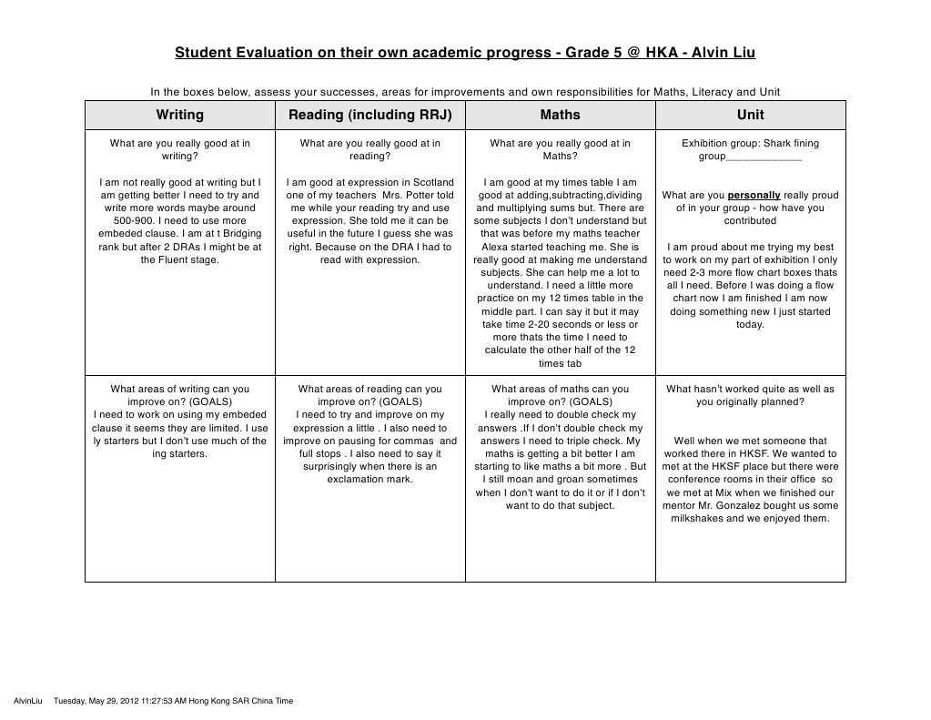Grade 5 Student Self-Evaluation Report | PDF | Teaching And Learning ...