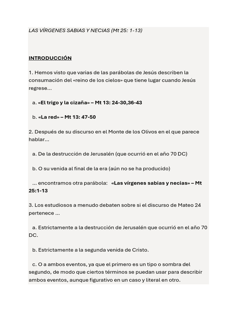 LAS VÍRGENES SABIAS Y NECIAS (MT 25 1-13) | PDF | Evangelio de Mateo ...
