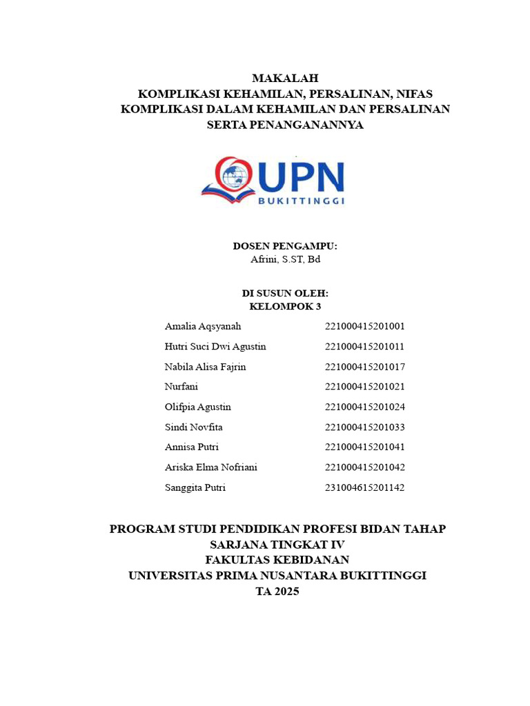 Makalah KLP 3 Komplikasi Dalam KH, Persalinan, Nifas Bu Afrini 1 Newww | PDF