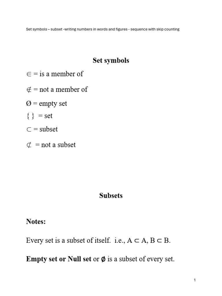 Set Symbols and Subset Calculations | PDF | Empty Set | Numbers