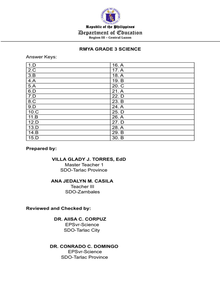 RMYA Science 3 Key | PDF