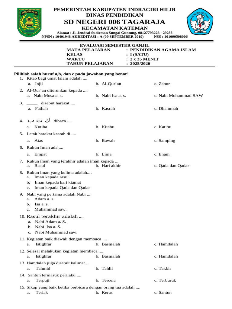 Soal PAI Kls 1 | PDF