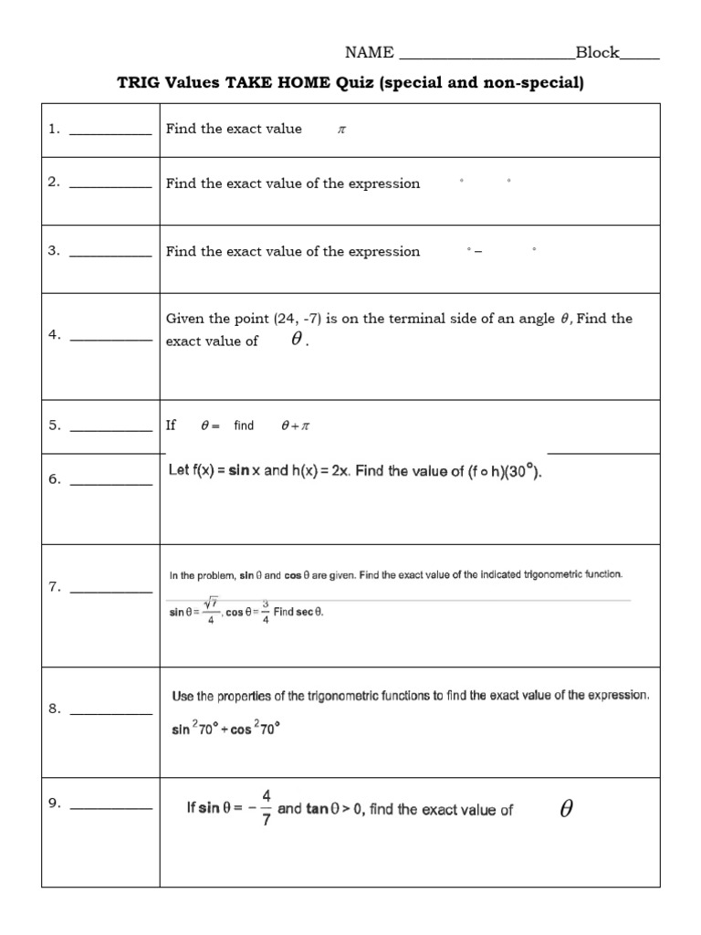 Trig Values TAKEHOME Quiz | PDF
