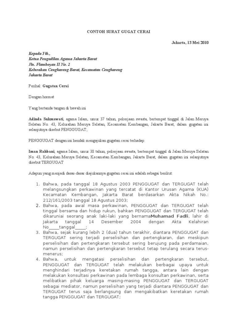 Contoh Surat Gugatan Cerai | PDF