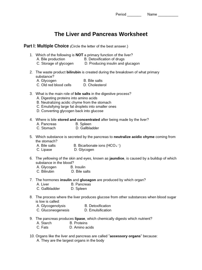 Worksheet The Liver and Pancreas | PDF | Pancreas | Bile