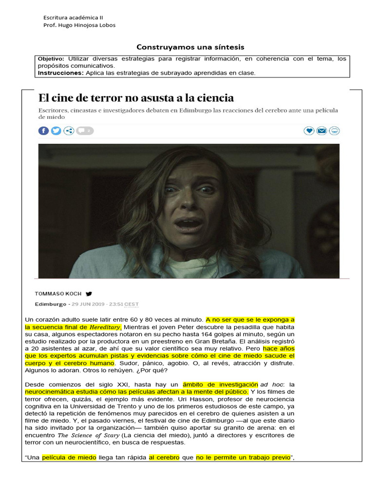 TALLER N°1 EL CINE DE TERROR NO ASUSTA A LA CIENCIA | PDF | Temor | Estrés (biología)