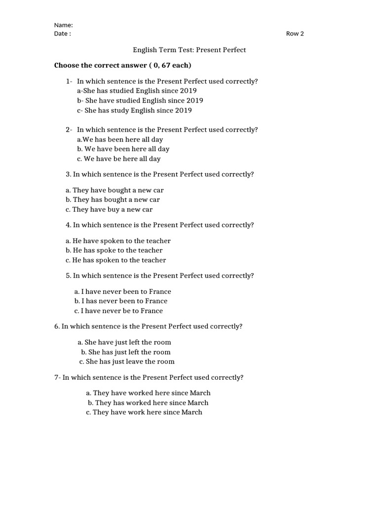 English Term Test. Presente Perfect. Row 2 | PDF | Chess Theory | Chess