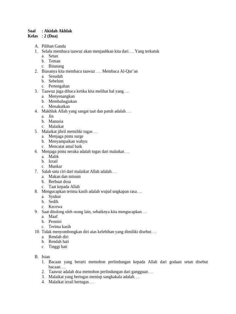 Soal Akidah Kls 2 | PDF