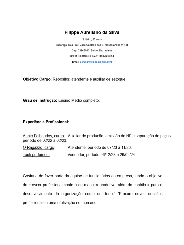 Currículo de Filippe Aureliano Silva | PDF