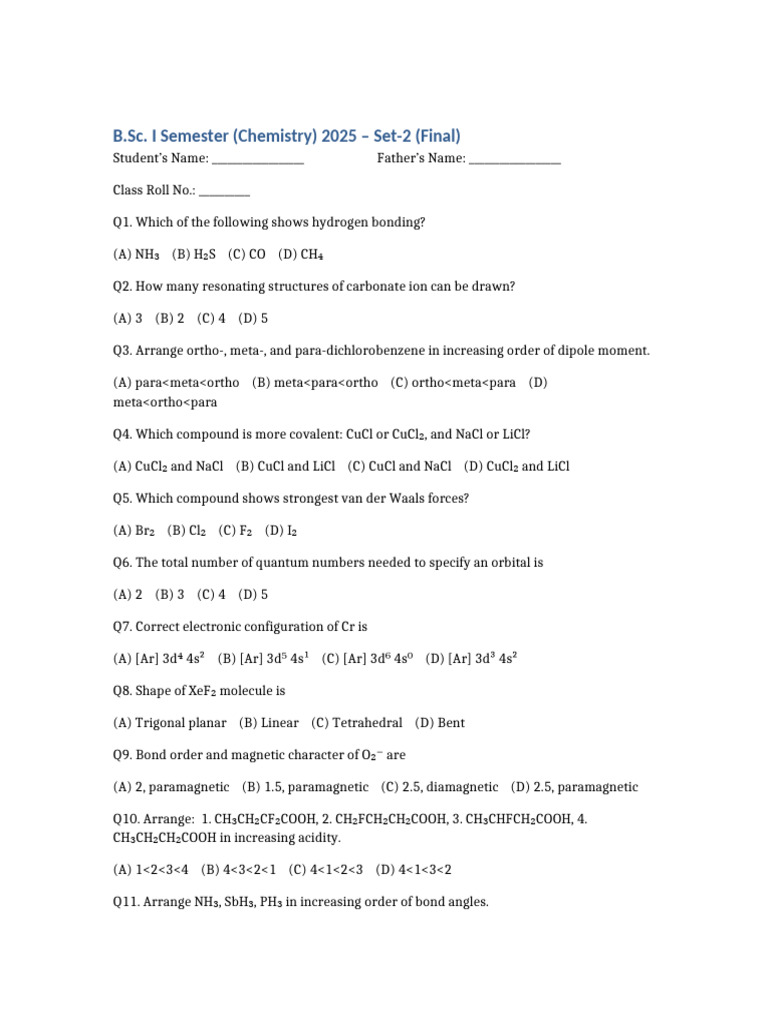 BSC I Chemistry 2025 Set2 | PDF | Chemical Compounds | Organic Chemistry