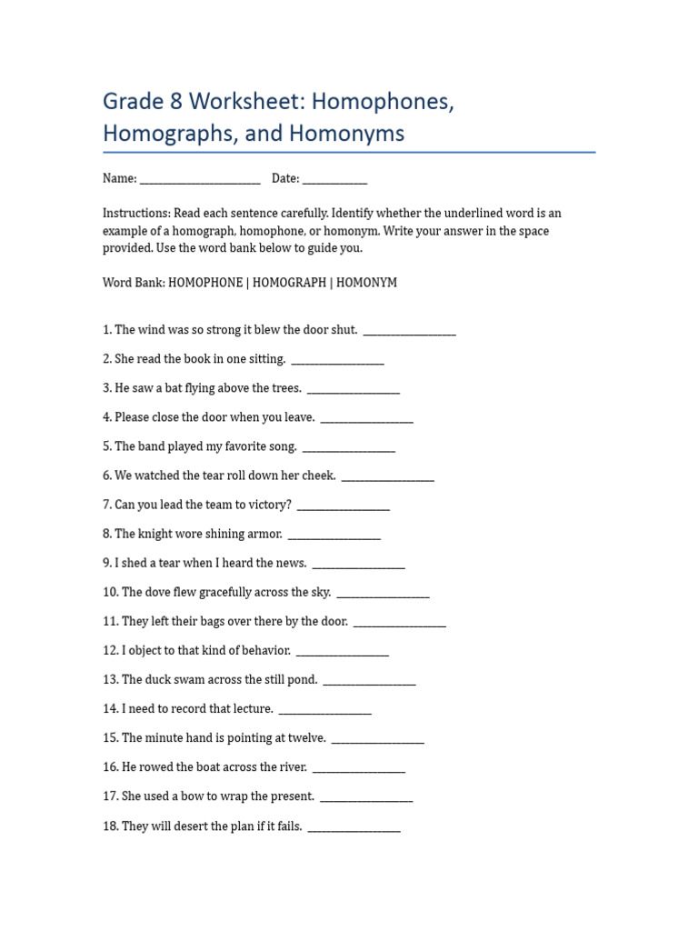 Grade 8 Homophones and Homographs Worksheet | PDF