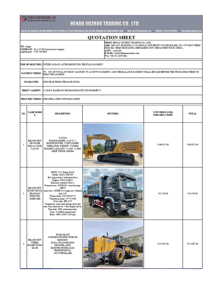 Construction Equipment Quotation Sheet | PDF | Axle | Truck
