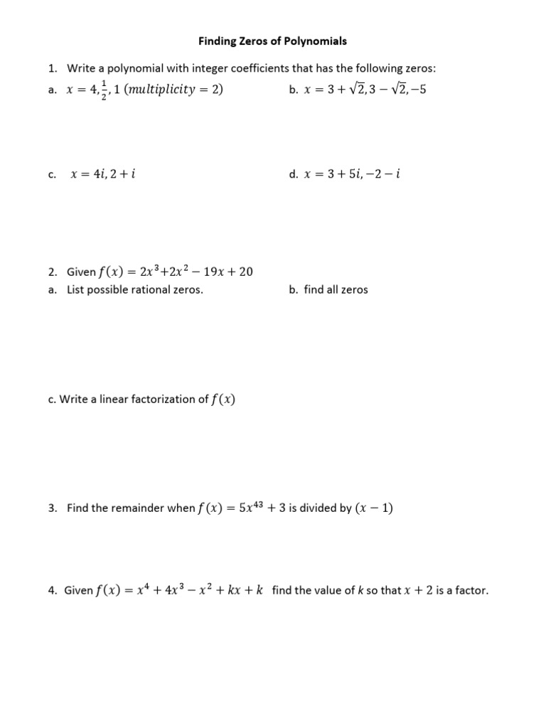 Ws - Practice Finding Zeros of Polys PDF | PDF