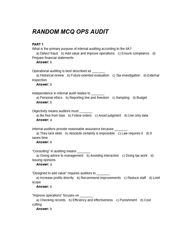 RANDOM MCQ Ops Audit | PDF | Audit | Risk