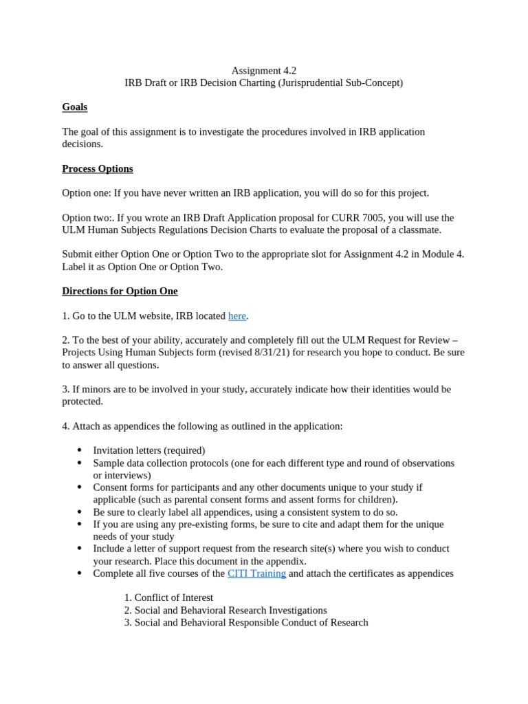Assignment 4.2 IRB Draft OR IRB Decision Charting Exercise | PDF ...
