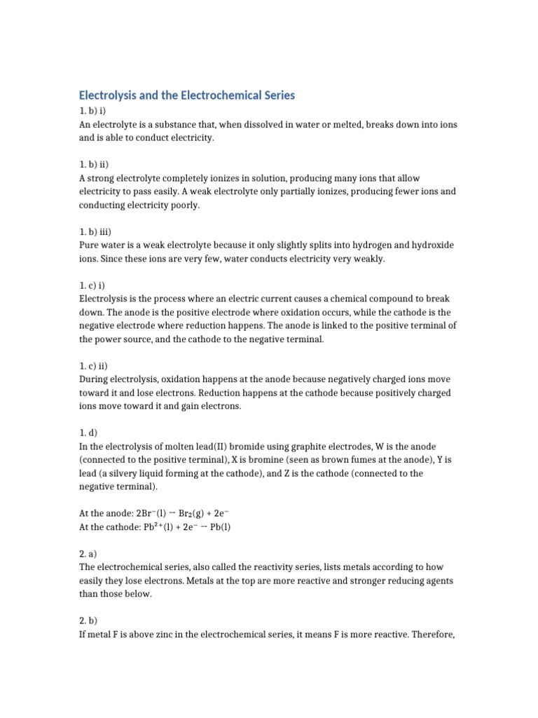 Electrolysis and Electrochemical Series Rewrite | PDF | Anode ...