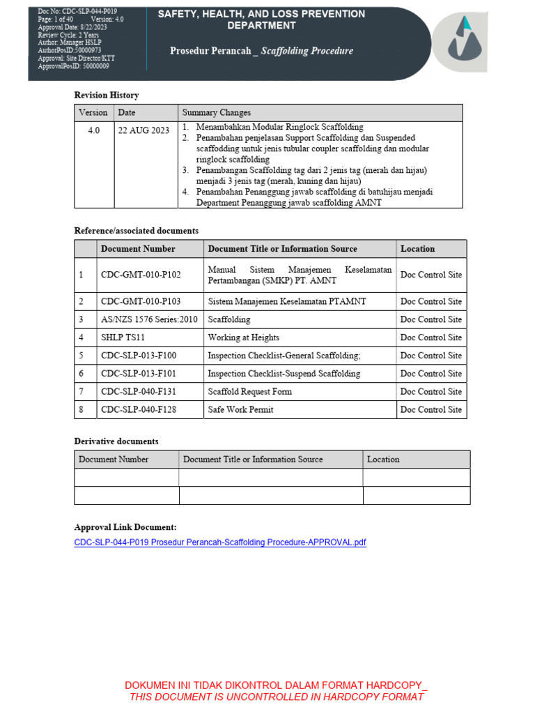 Prosedur Perancah PT AMNT 2023 | PDF | Scaffolding | Construction Equipment