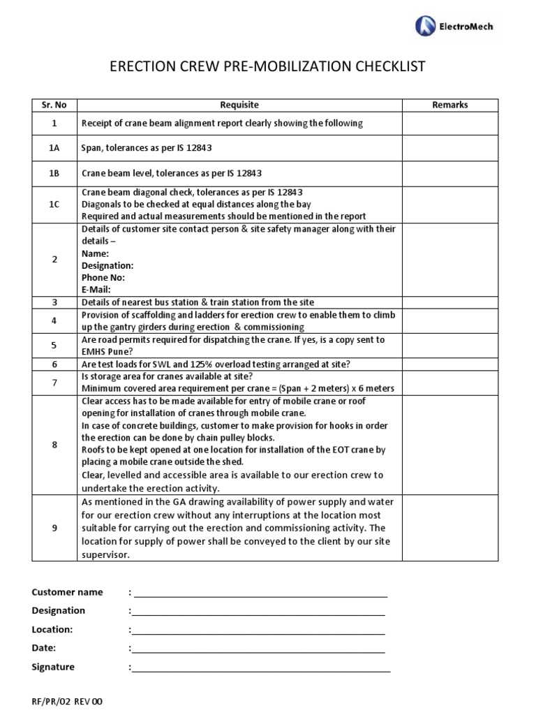 Erection Crew Pre-Mobilization Checklist | PDF | Crane (Machine ...