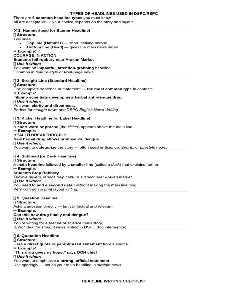 Headline Types for DSPC/RSPC Writing | PDF | Linguistic Morphology | Syntax