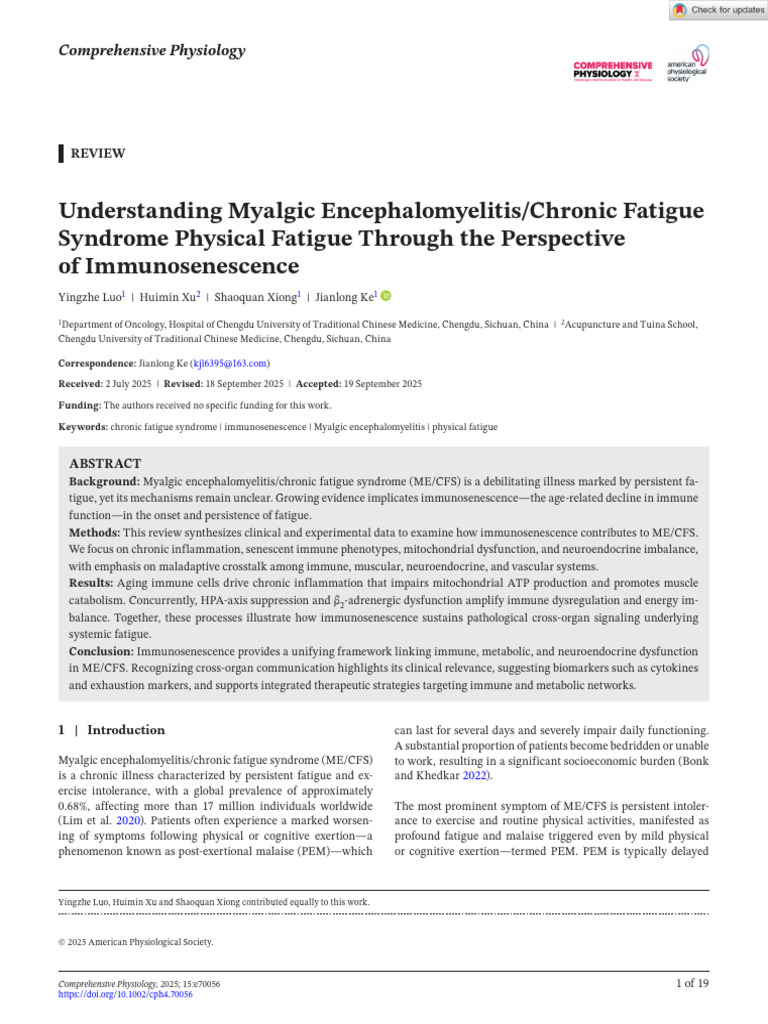 Comprehensive Physiology 2025 Luo Understanding Myalgic Encephalomyelitis | PDF | Mitochondrion ...
