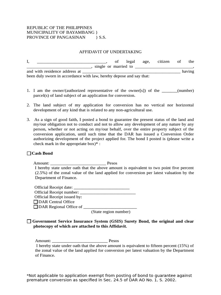 Affidavit of Undertaking for Land Conversion | PDF | Affidavit | Bonds ...