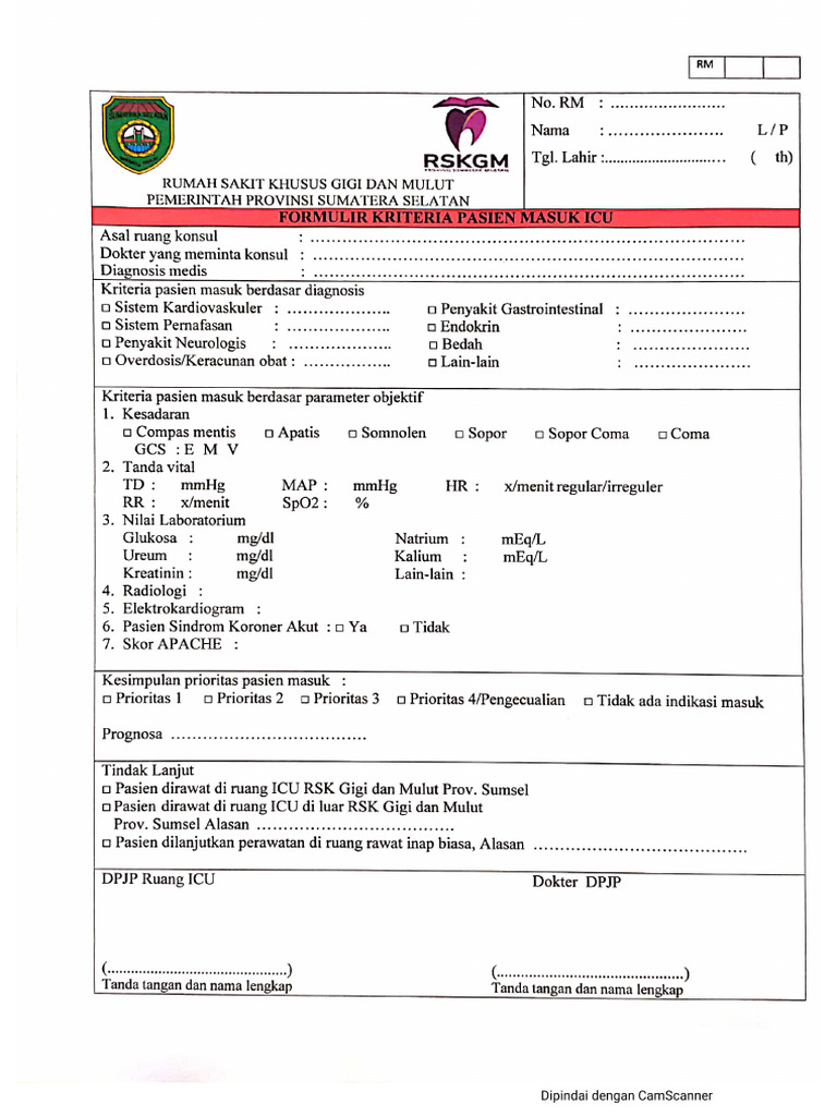 Form Kriteria Pasien Masuk ICU | PDF