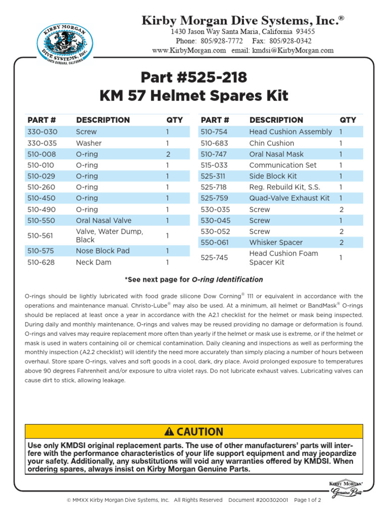 525 218 KM 57 Helmet Spares Kit 200302001 1 | PDF | Underwater Diving