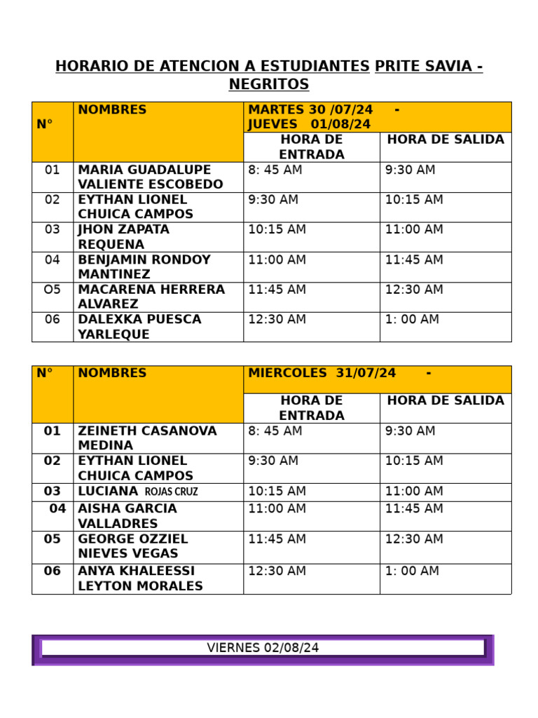 Horario de Atencion a Estudiantes Prite Savia Dia Martes 30 Al 02 de ...