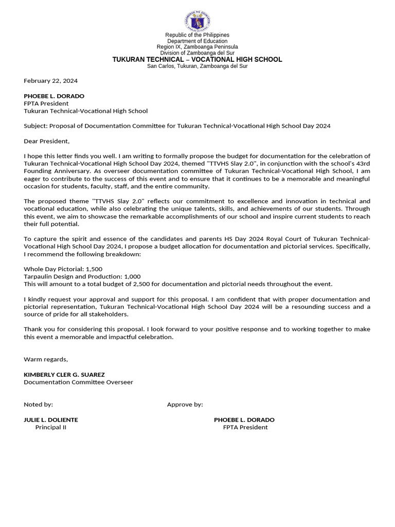 Proposal Letter For High School Day | PDF