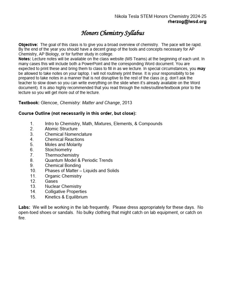 Honors Chem Syllabus 2024 | PDF | Chemistry | Academic Dishonesty