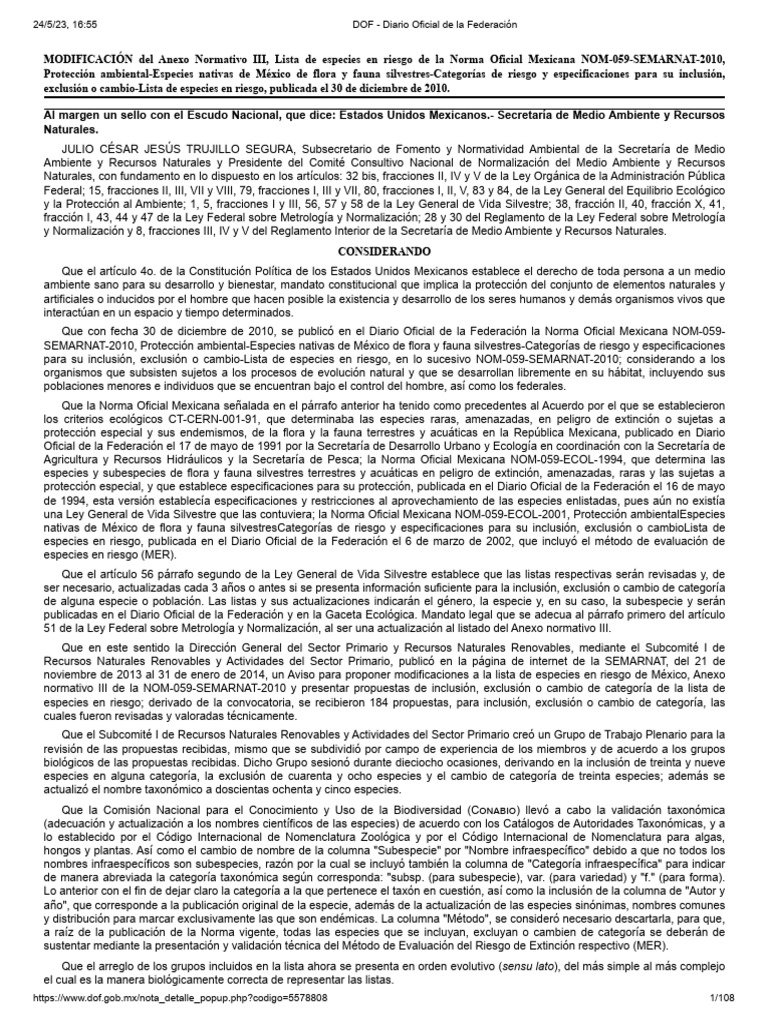 DOF Lista de Especies NOM-059 Oct 2019 | PDF | Taxonomía (biología) | Fauna
