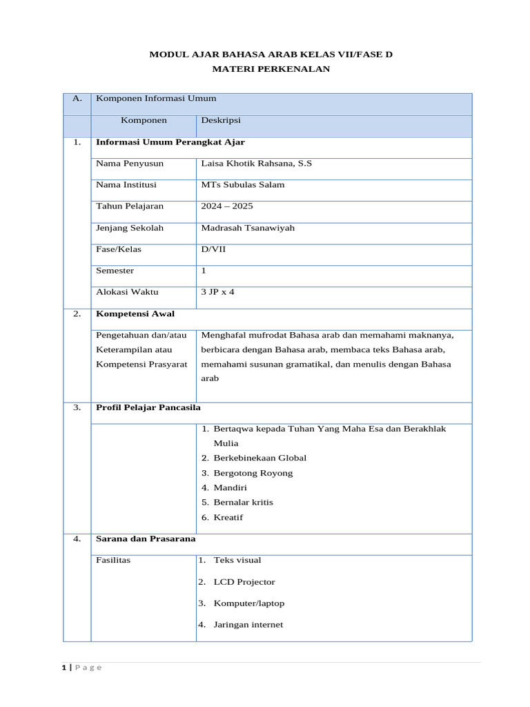Laisa b Arab 7 Modul Ajar Ganjil | PDF