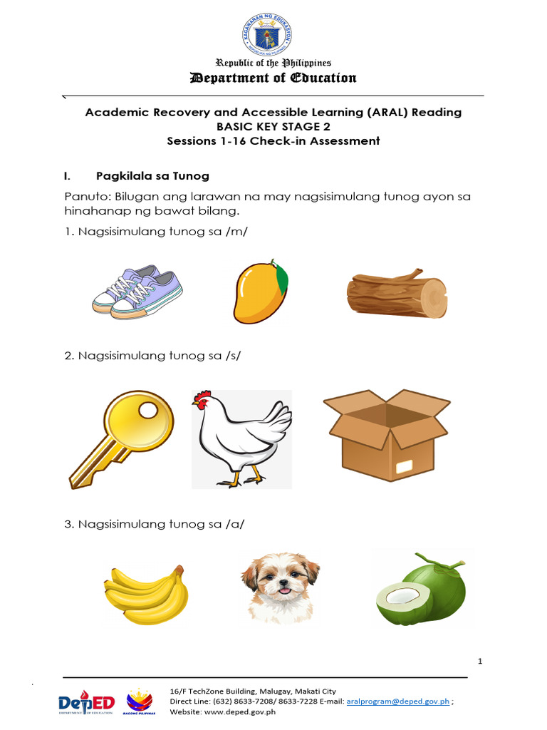 (FINAL) ARAL-Reading Basic KS 2 Check-In Assessment - Sessions 1-16 | PDF