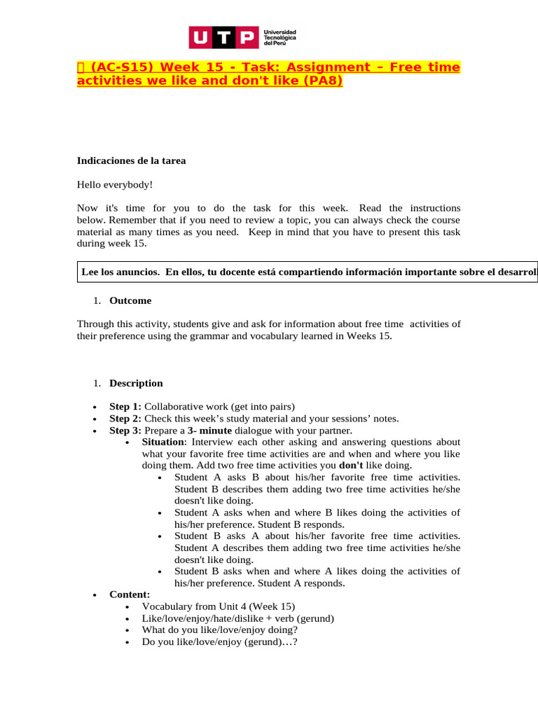 ? (AC-S15) Week 15 - Task Assignment – Free time activities we like and don't like (PA8) (INGLES ...