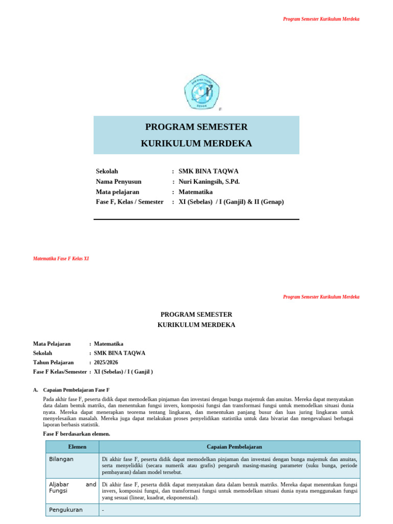 Program Semester Matematika SMK 2025 | PDF
