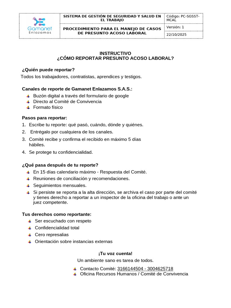 Instructivo Como Reportar Presuntos Casos de Acoso Laboral | PDF