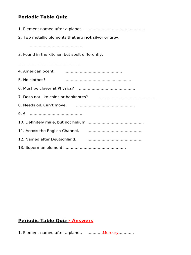 Periodic Table Quiz | PDF
