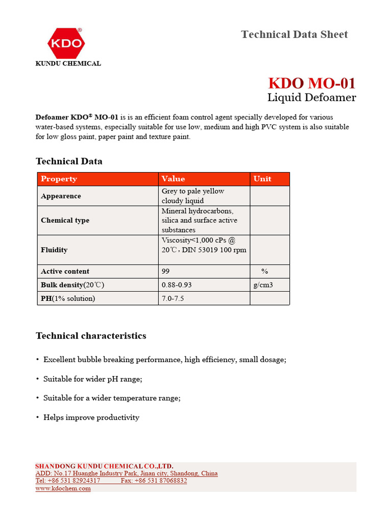 TDS Liquid Defoamer KDO MO 01 | PDF | Chemical Processes | Liquids